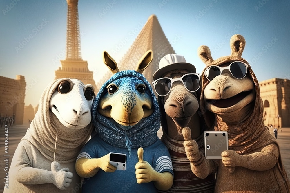 Happy group of funny cartoon animals having fun in front of the famous ...