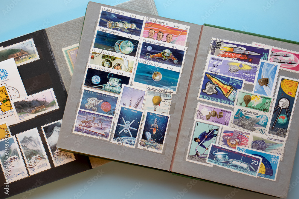 philatelist collection, Various old postage stamps collection in albums ...