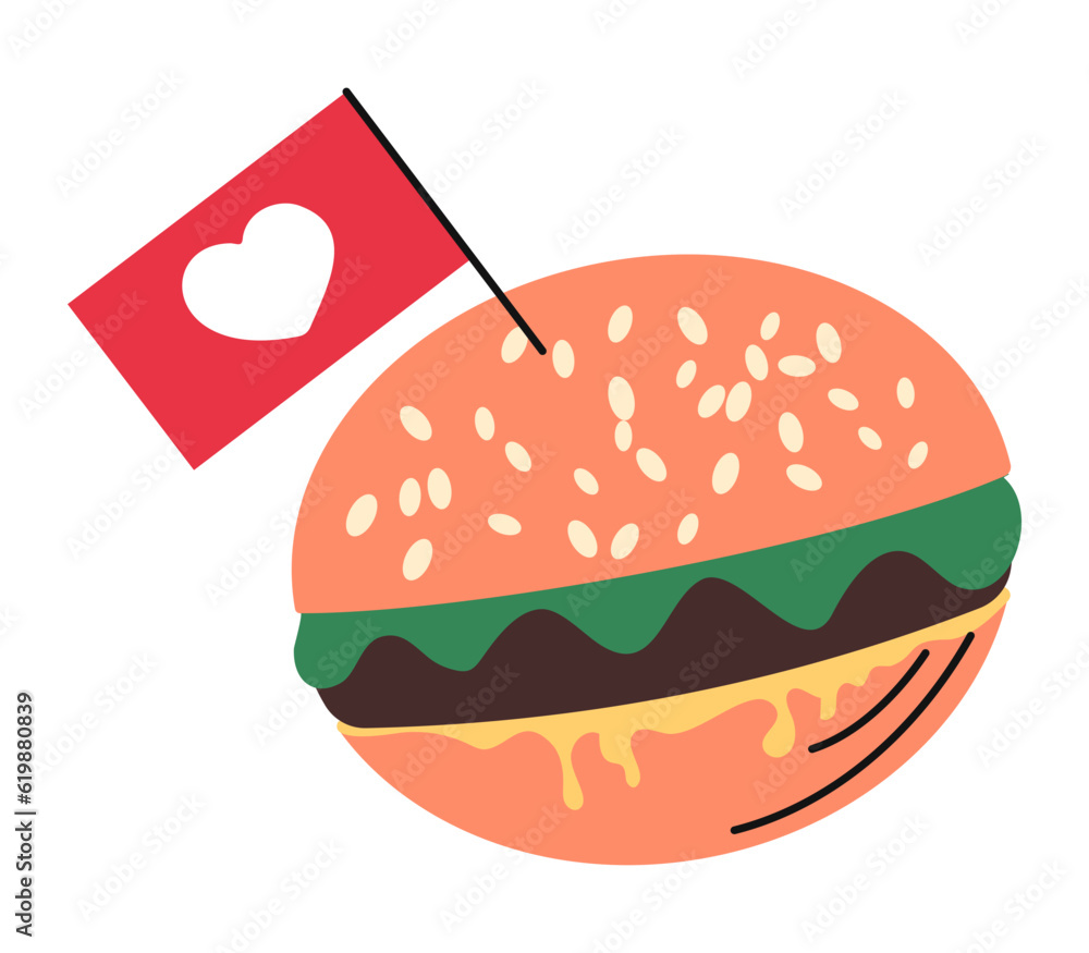 Burger doodle icon with heart flag, like symbol. Bun, salad, beef ...