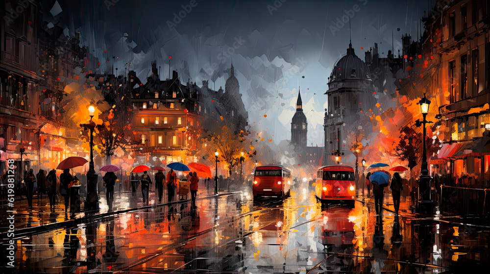 Painting of London, England at night during a rainstorm in an abstract ...