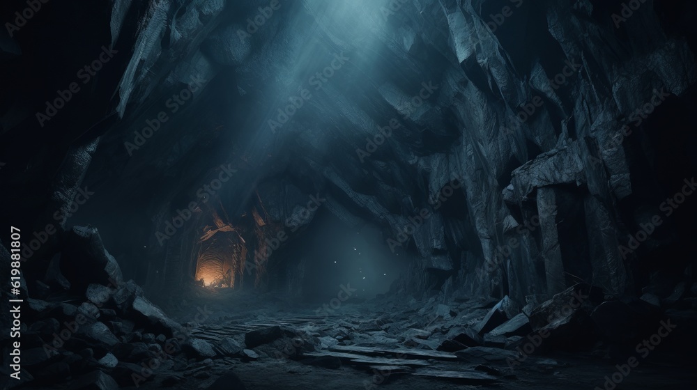 Misty mountain carved cave chamber with mysterious underworld entrance ...