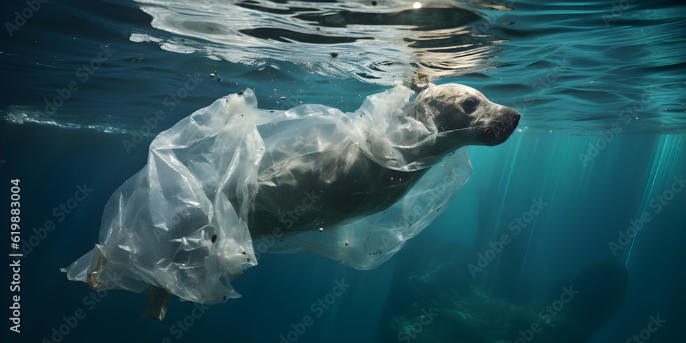 Sea lion tangled in plastic bag, Water pollution concept, ecological ...