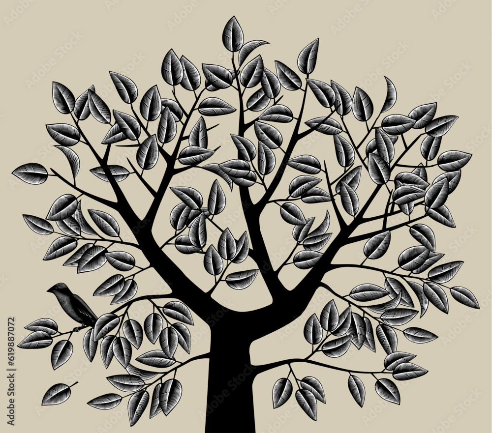 Vetor de Tree crown with branches and leaves and bird. Vintage ...