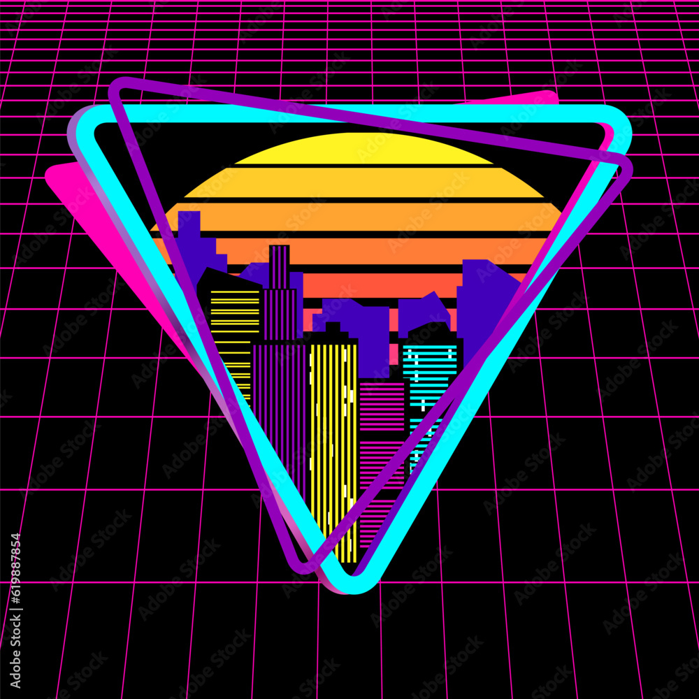Triangle logo with urban city, skyscrapers silhouettes, cyber laser ...