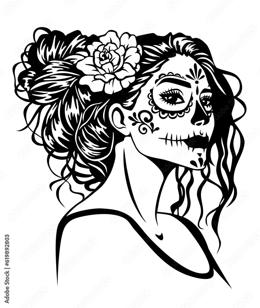 Sugar skull Catrina. Mexican day of the dead. Vector outline design ...