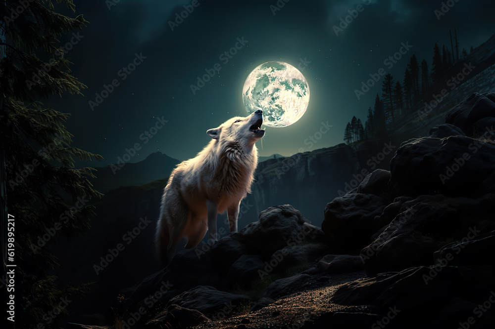 Lunar Serenade Majestic White Wolf Howling at the Moon. created with Generative AI Stock ...