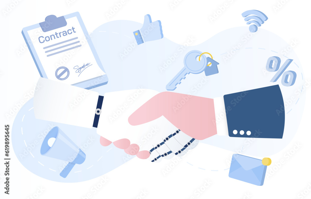 Handshake between humans and AI robots is a symbol of successful ...