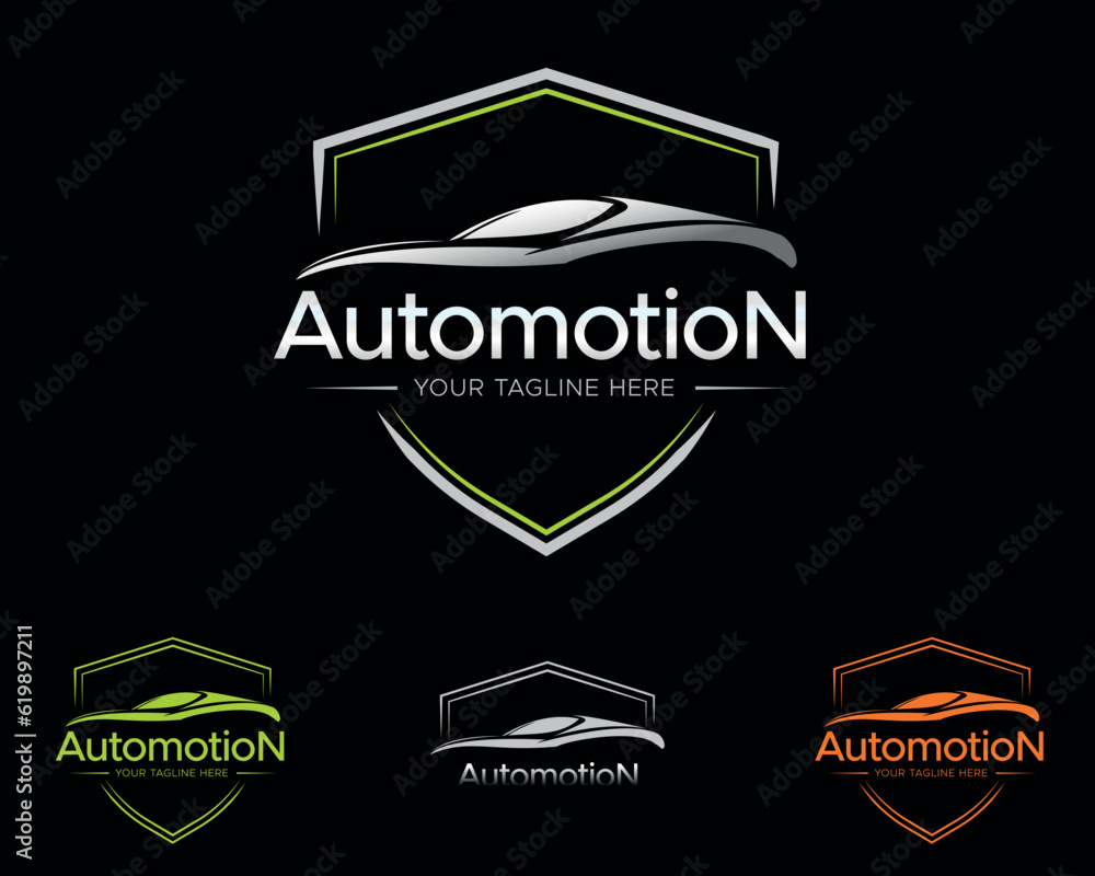 Automotion Car Logo Shield Design in Black Background with Variations ...