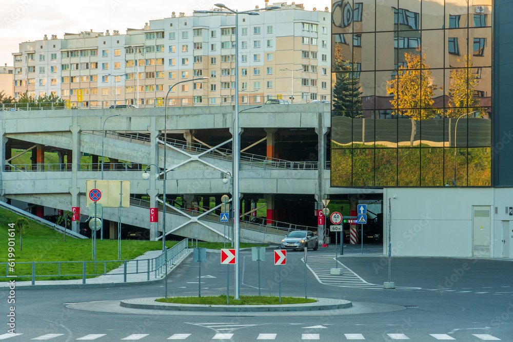 Outside view of a multi-tiered covered parking on the territory of a ...