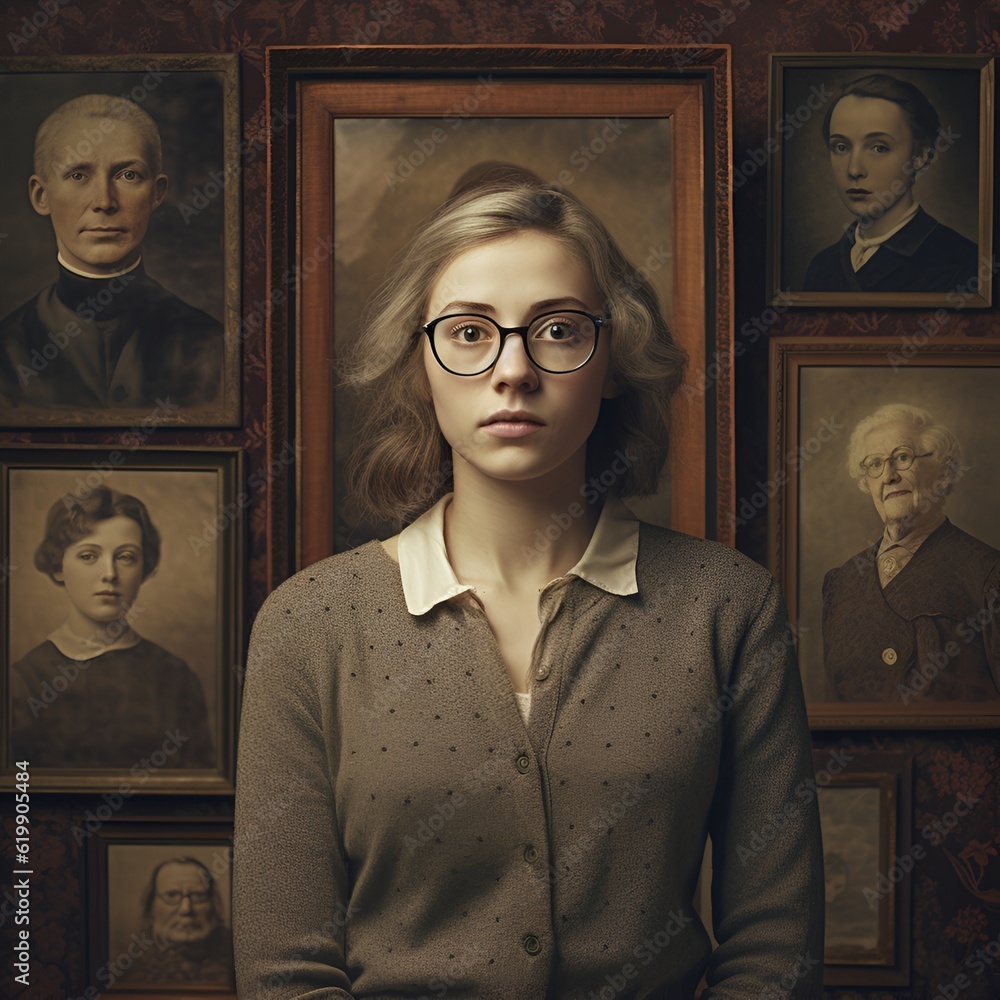 Family tree concept, dna, genes, ancestors. woman standing in front of ...