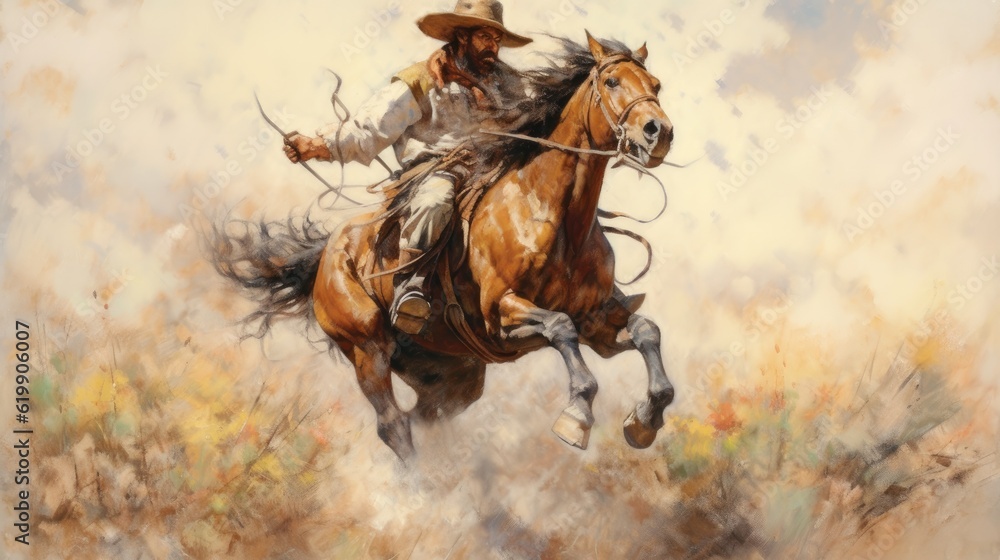 a horizontal layout, of a Cowboy, Cowgirl on a galloping horse in a ...