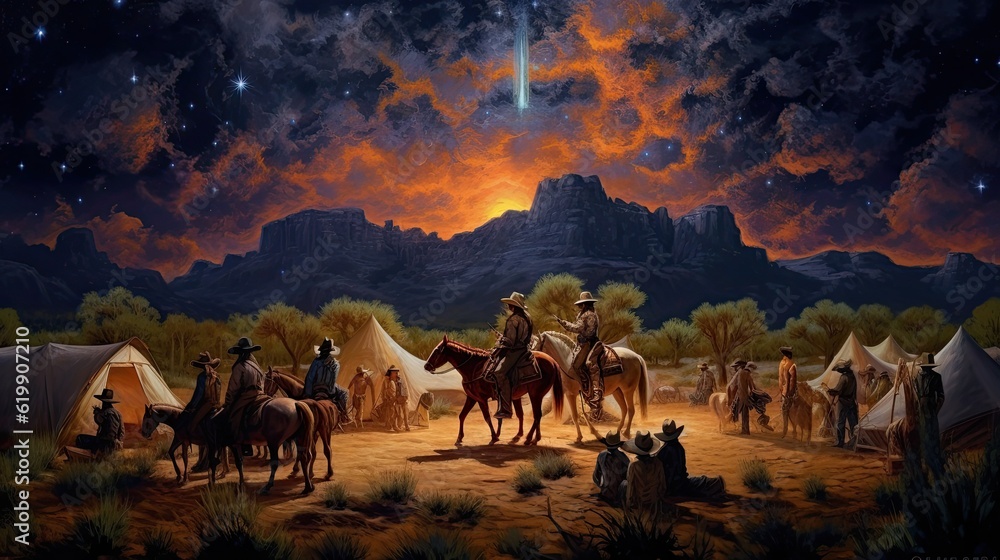 a horizontal of a Cowboys, Cowgirls celebrating under a western sunset ...