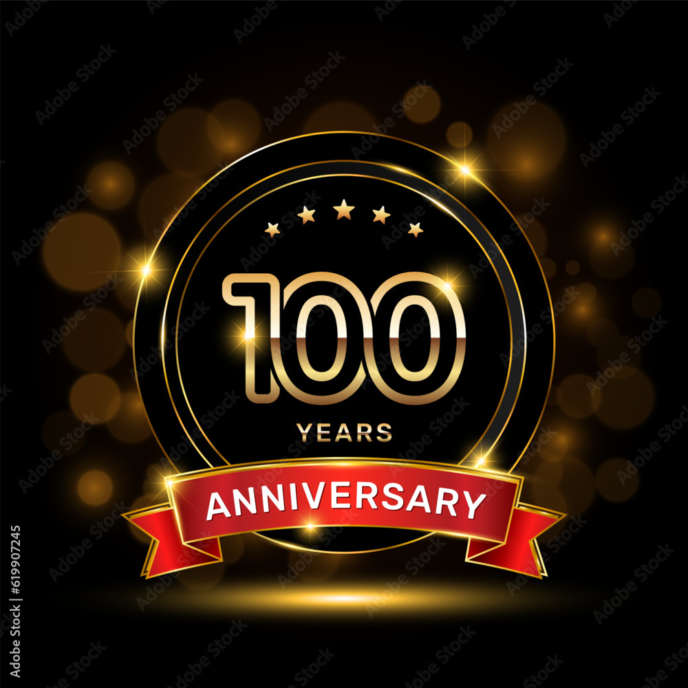 100 year anniversary logo with a gold emblem shape and red ribbon, logo ...