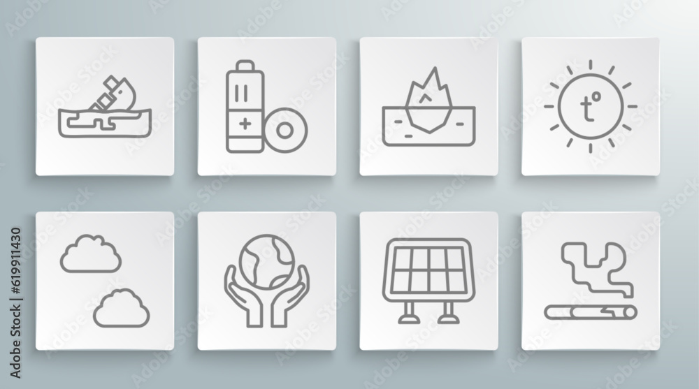 Set line Cloud, Battery, Hands holding Earth globe, Solar energy panel ...