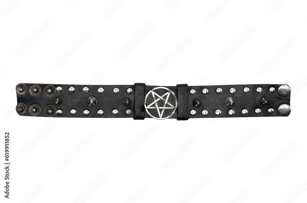 Black leather bracelet with spikes, holnitenes and a pentagram. An ...