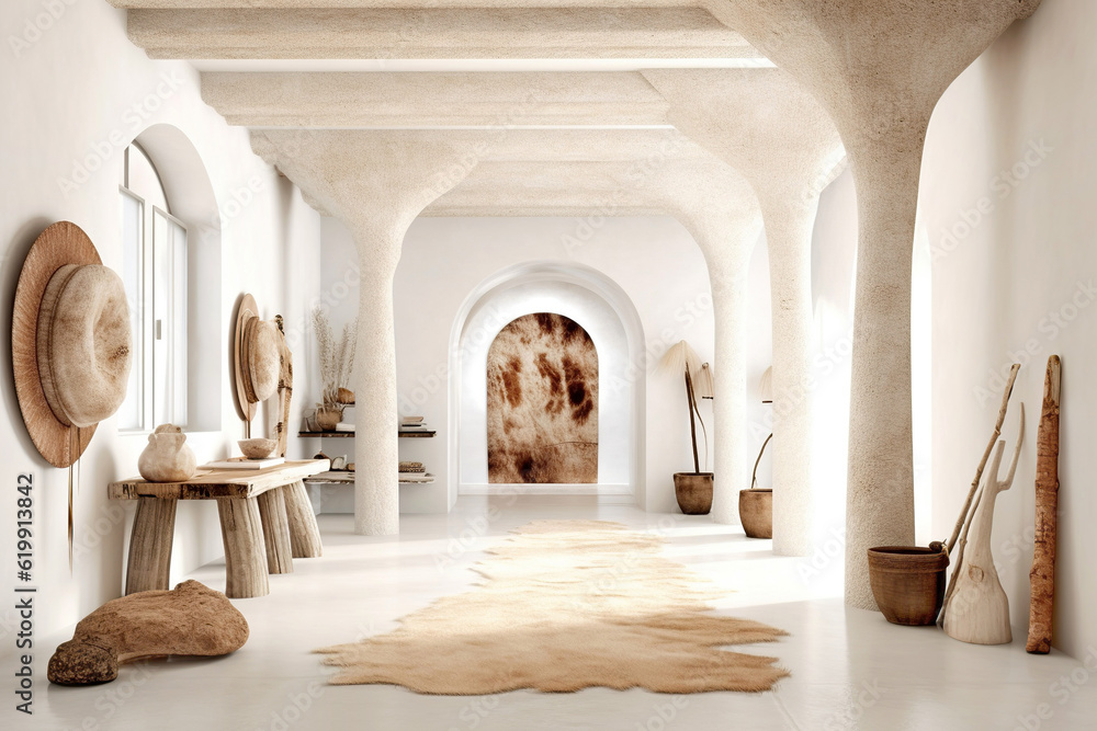 Curved columns in farmhouse hallway. Rustic style interior design of ...