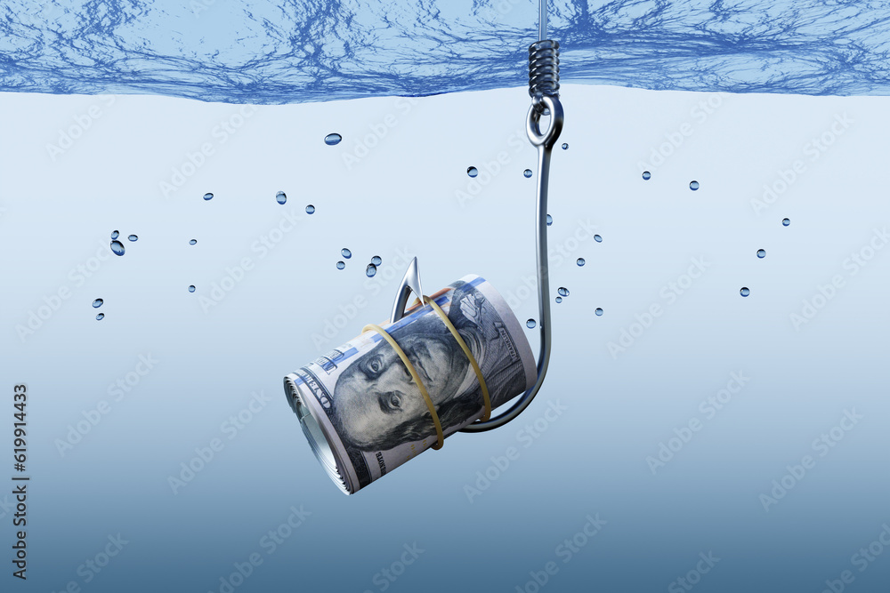 US 100 dollar bank roll on a fishing hook under bluish water ...