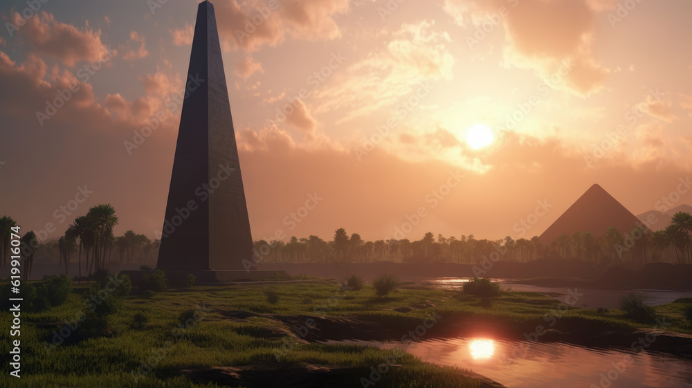 The pond is a beautiful sight. An ancient culture. Obelisks and ...