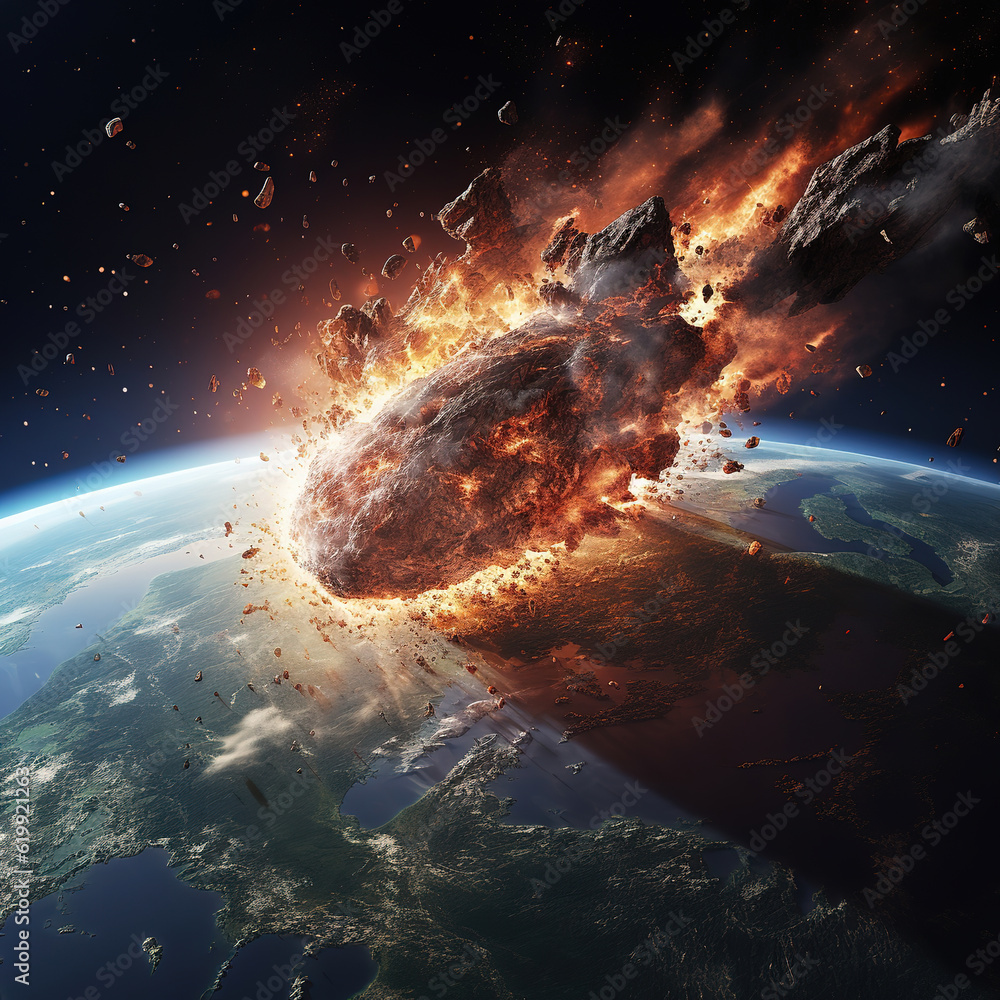 massive asteroid hurtling towards Earth, with flames and destruction in ...