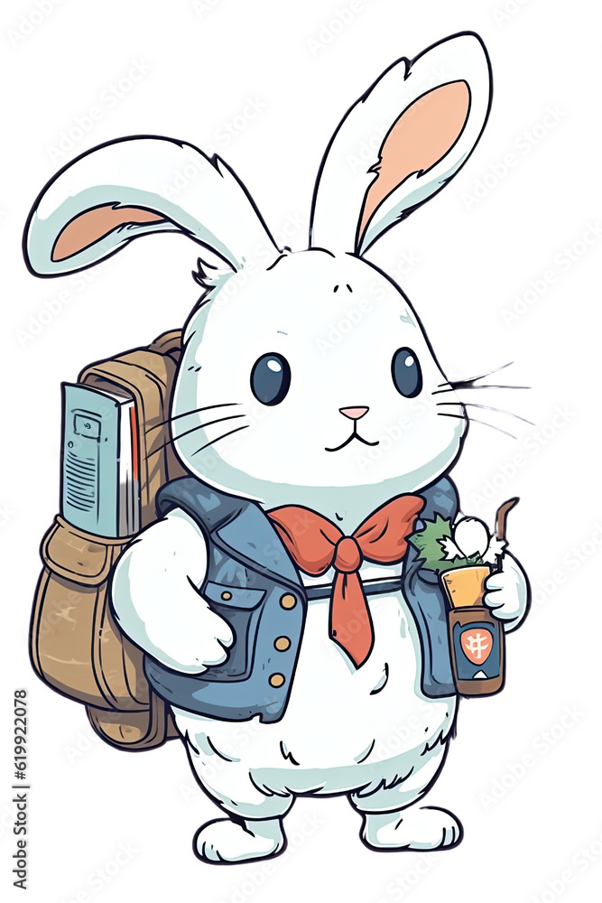 Cute bunny going to school carrying backpack on transparent background ...