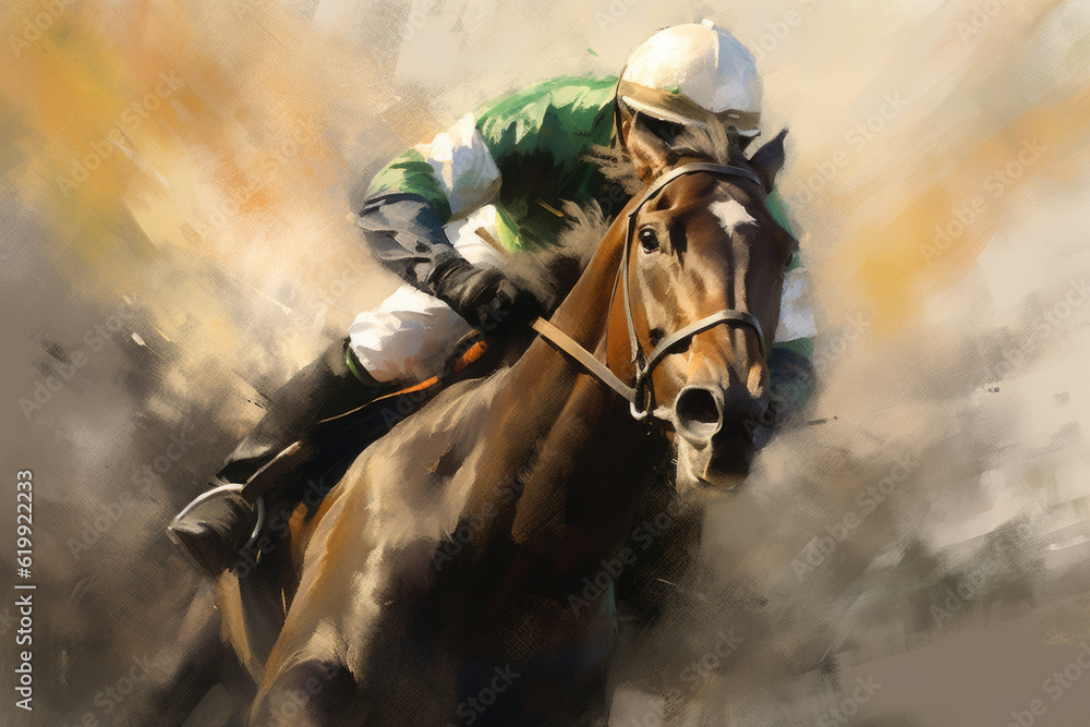painting that shows horses and jockeys racing. dynamic scene in which ...
