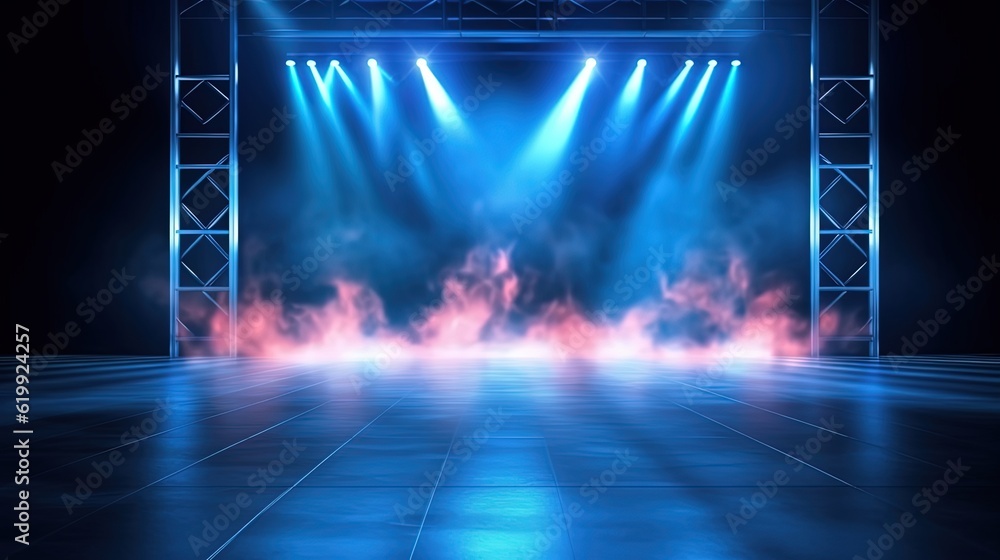 blue fire stage with spotlights shine on floor in dark room, idea for ...