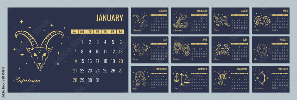 2024 monthly Zodiac calendar with the astrological sign. The week ...