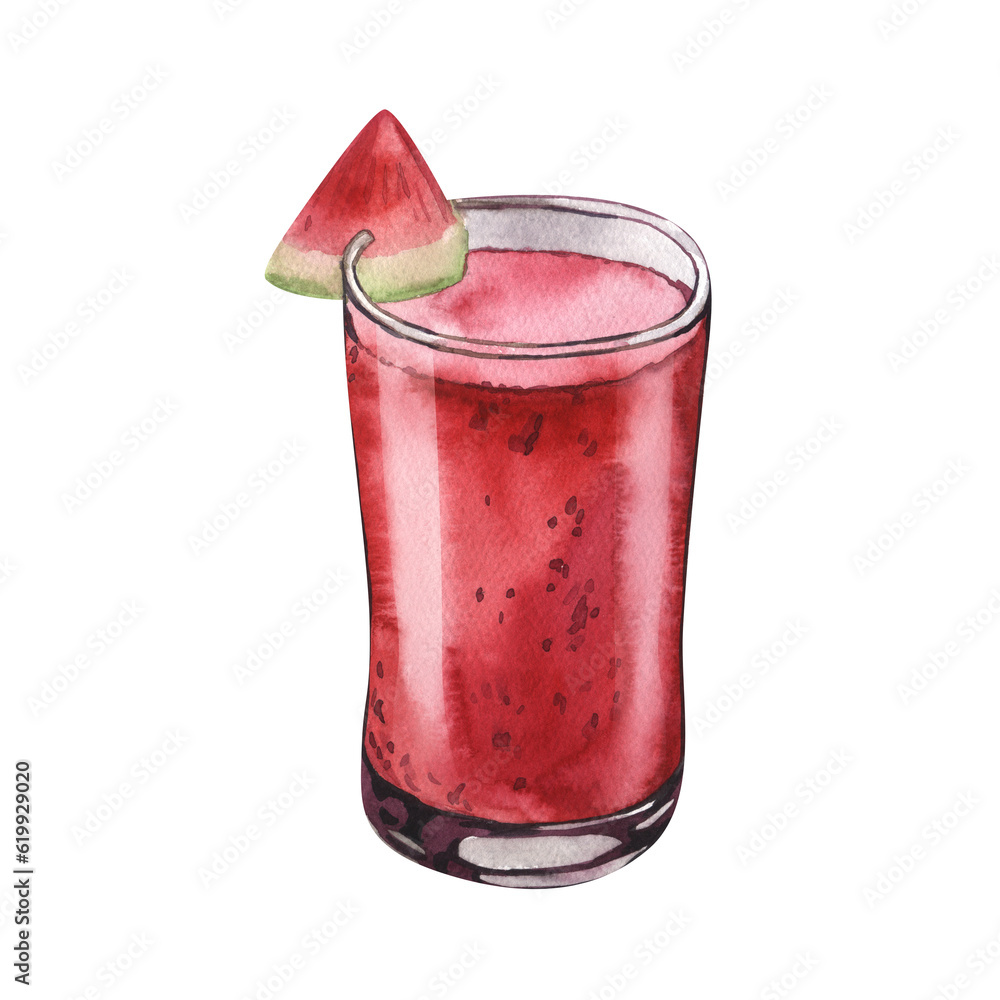 Watercolor fruit smoothie cocktail of watermelon smoothie and slice ...