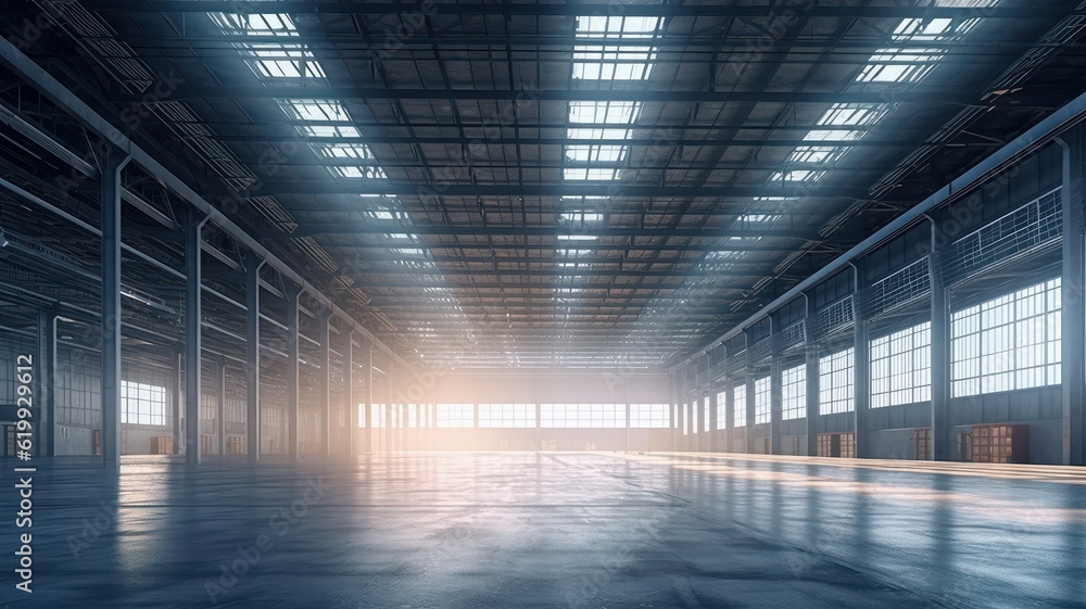 Large industrial warehouse. The spacious room with high ceilings and ...