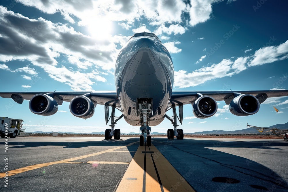 Front view of a modern civil aircraft on the airfield runway. Wide body ...