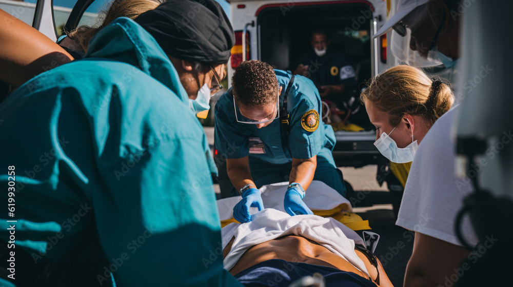 A team of emergency medical technicians providing care at a mass ...