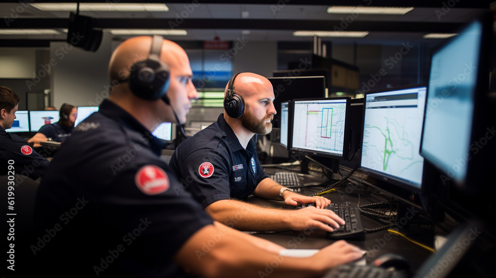 A 911 call center with multiple operators working diligently to handle ...
