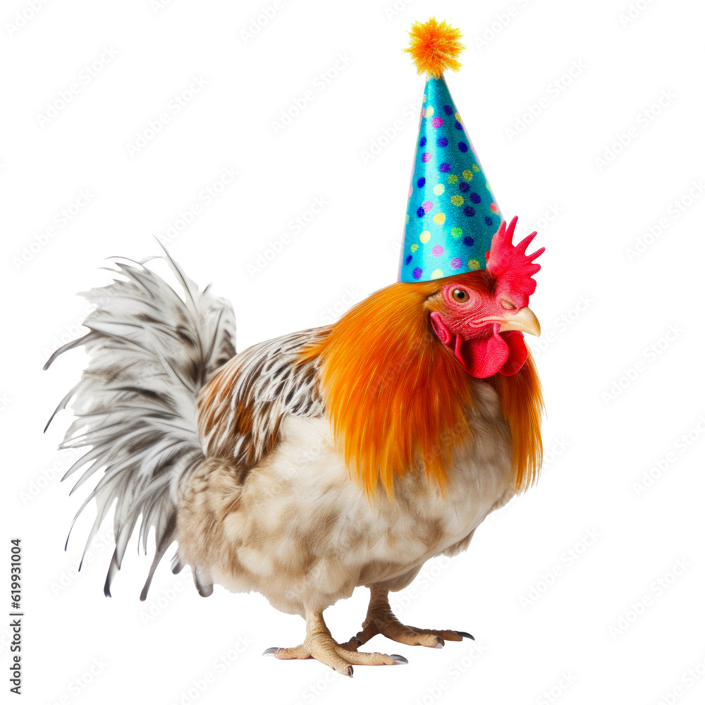 a grumpy rooster wearing a party hat, isolated on a transparant ...