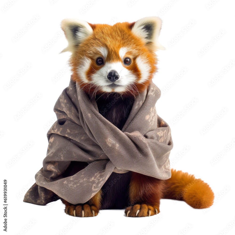 fluffy red panda wearing a towell, funny animal isolated on a ...