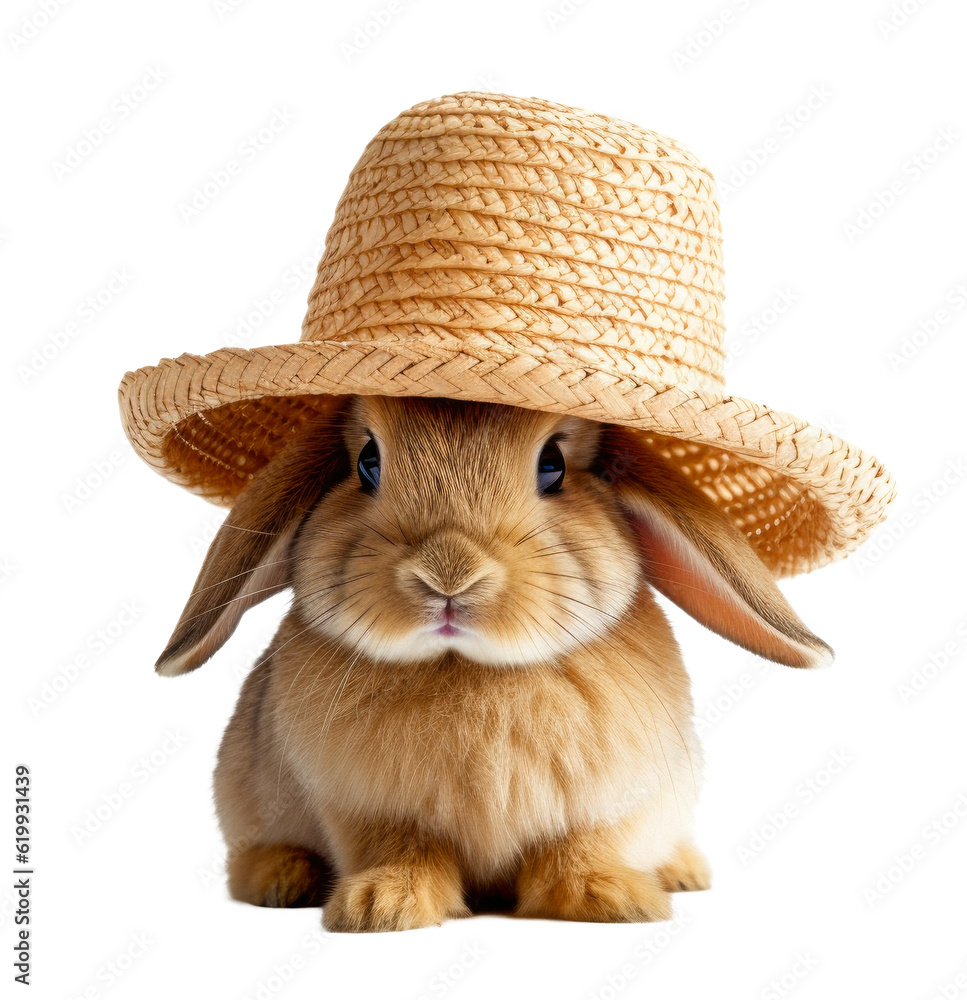 cute bunny wearing a straw hat, isolated on a transparant background ...