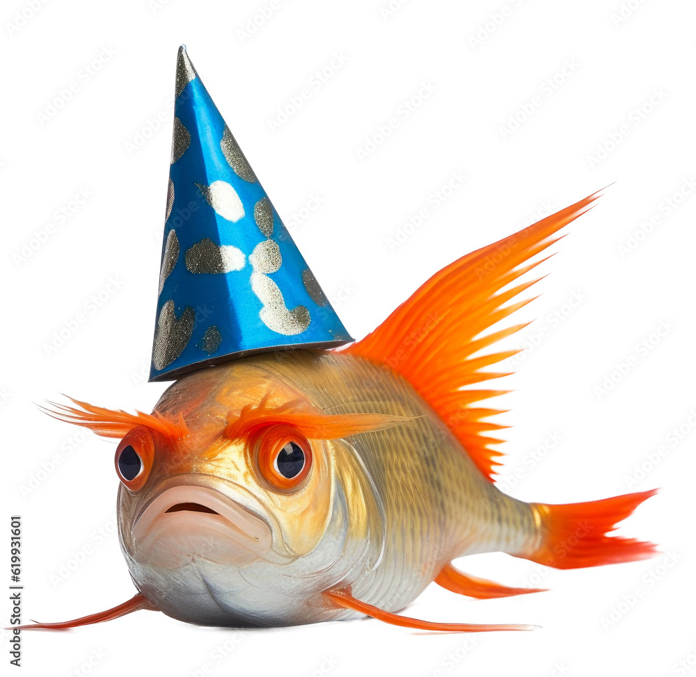 grumpy goldfish wearing a party hat, funny animal isolated on a ...