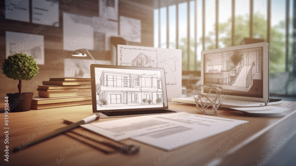 Workplace of an architect, interior designer, engineer. Laptop with a project on the monitor ...