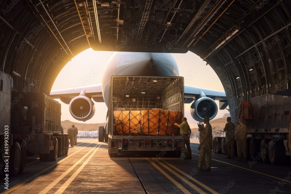 Loading transport aircraft in the hangar of the cargo terminal ...