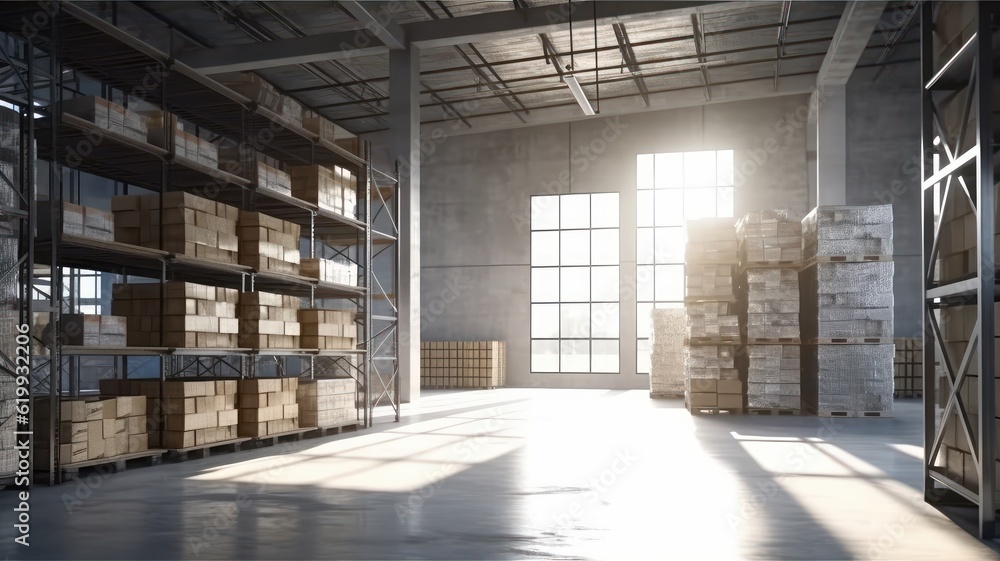 Large industrial warehouse. Tall racks completely filled with boxes and ...