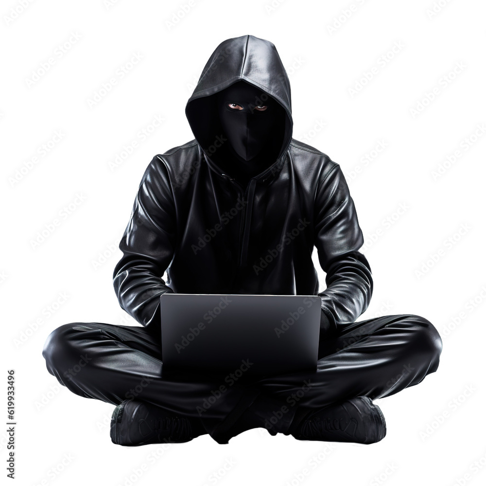 Hacker dressed in black with hoodie sitting on the floor using laptop ...