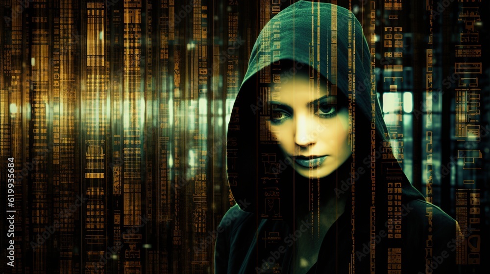A hacker girl wearing black hood on matrix rain background from digital ...