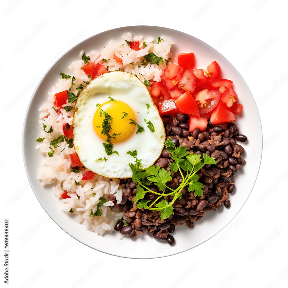 Top view of Gallo Pinto traditional Central American dish over white ...