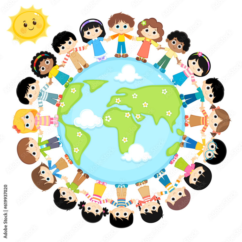 Funny cartoon group of Kids standing around World map poster vector ...