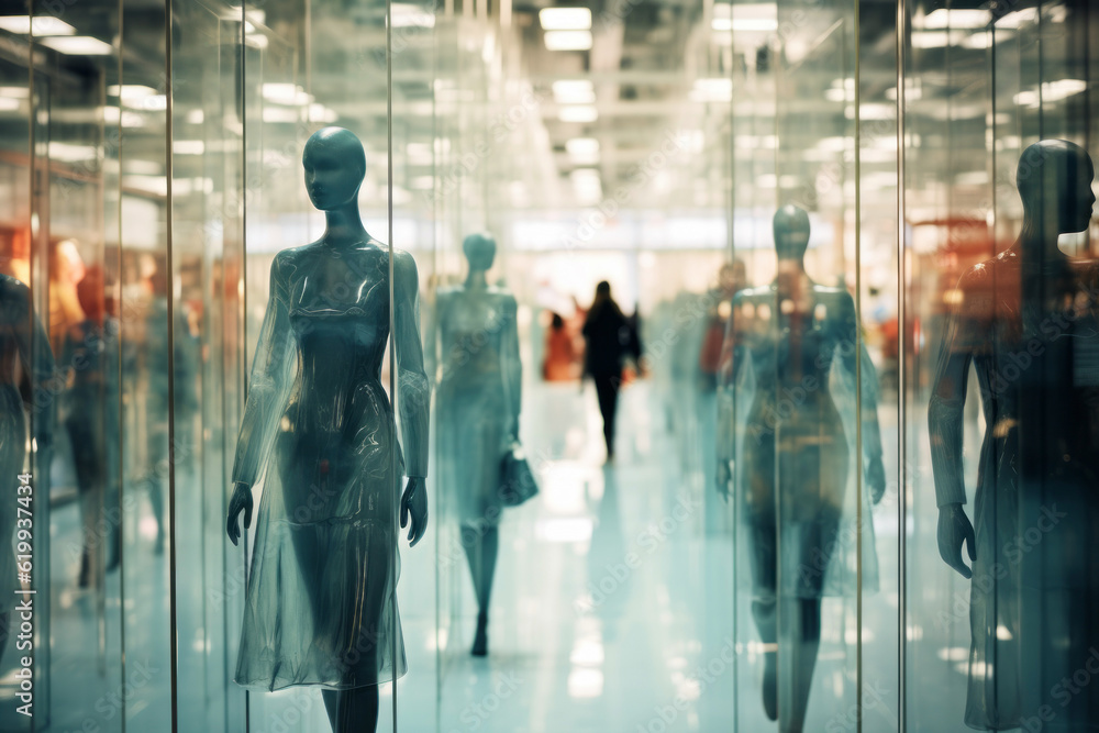 People shopping. Mannequins standing in showcase luxury shopping mall ...