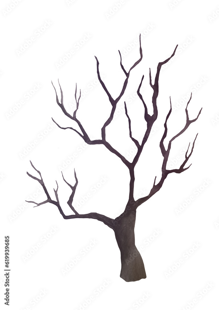 Solitary tree with bare trunk, without leaves. hand drawn Old bare ...