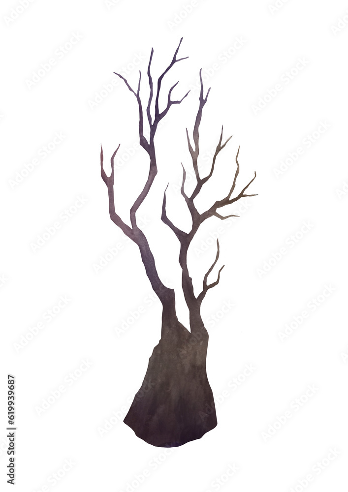 hand drawn Old bare withered dry tree isolated on transparent ...