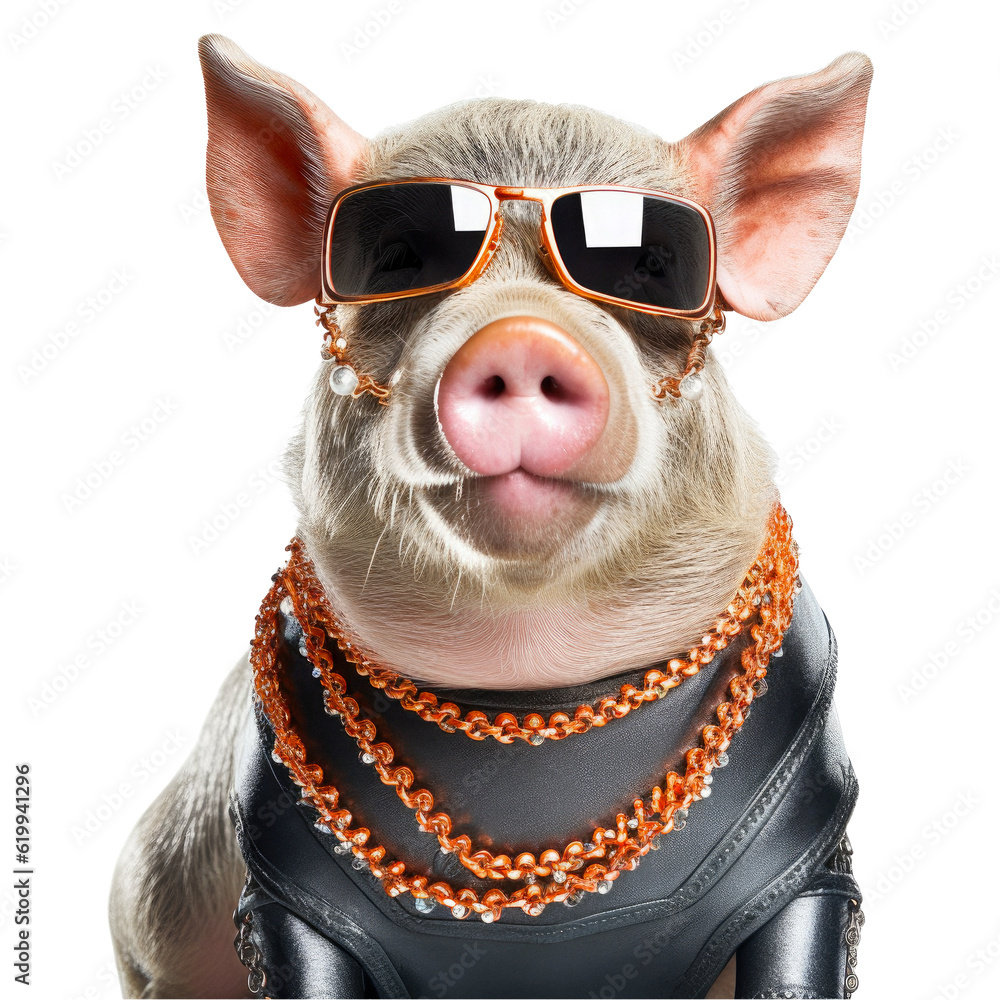 lit pig wearing sunglasses and a heavy chain necklace, isolated on a ...