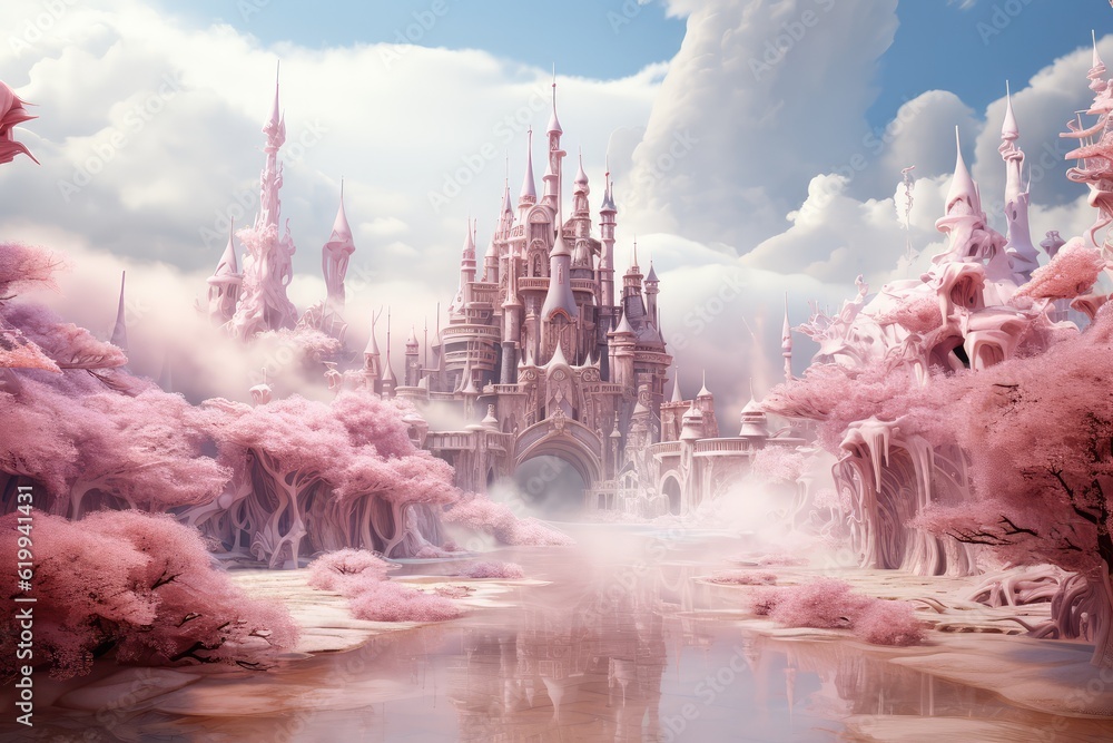 Fantasy castle in heavenly pink clouds in the sky. Stock Illustration ...