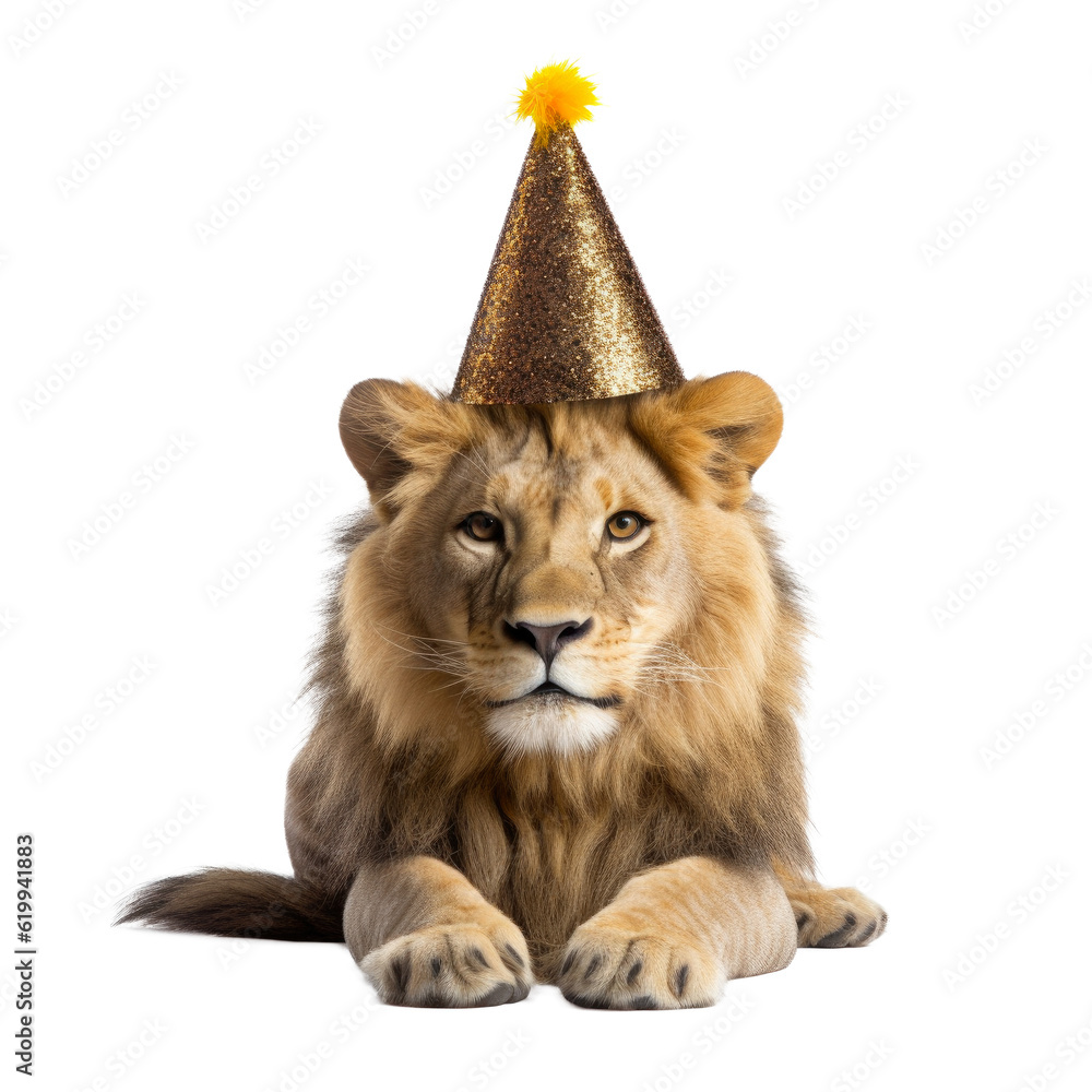 lion with a party hat, isolated on a transparant background, funny ...