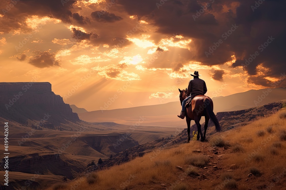 a horizontal layout, of a Cowboy on his horse, overlooking a stunning ...